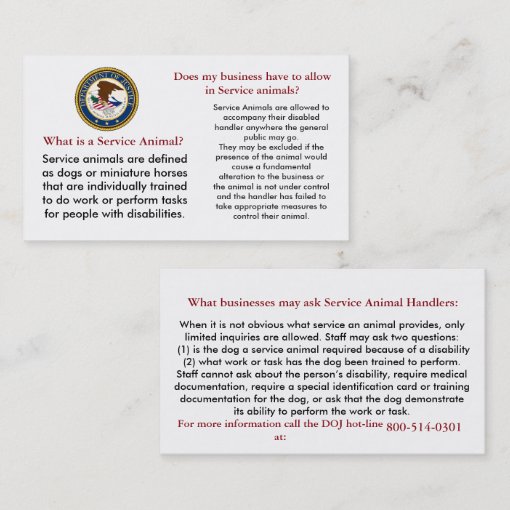 Service Dog Information for Businesses Business Card | Zazzle