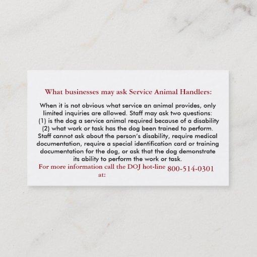 Service Dog Information for Businesses Business Card | Zazzle