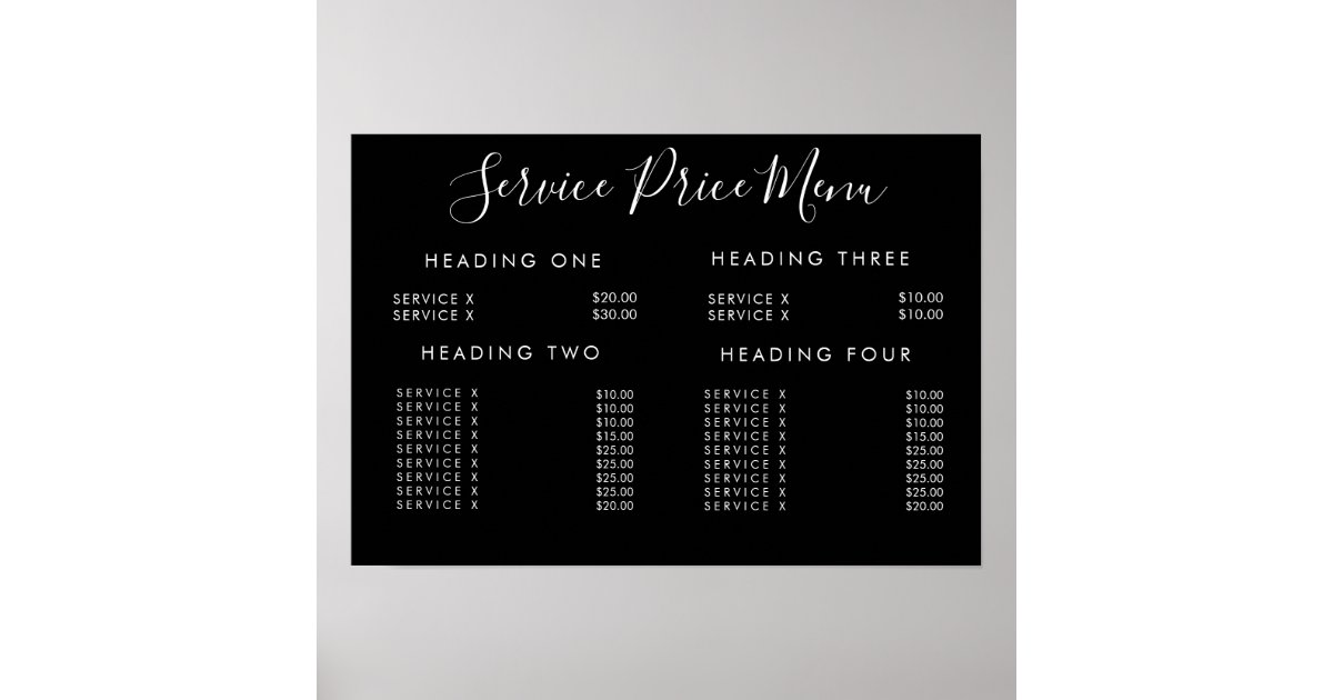 Service Price Menu Custom Make Printed Poster | Zazzle