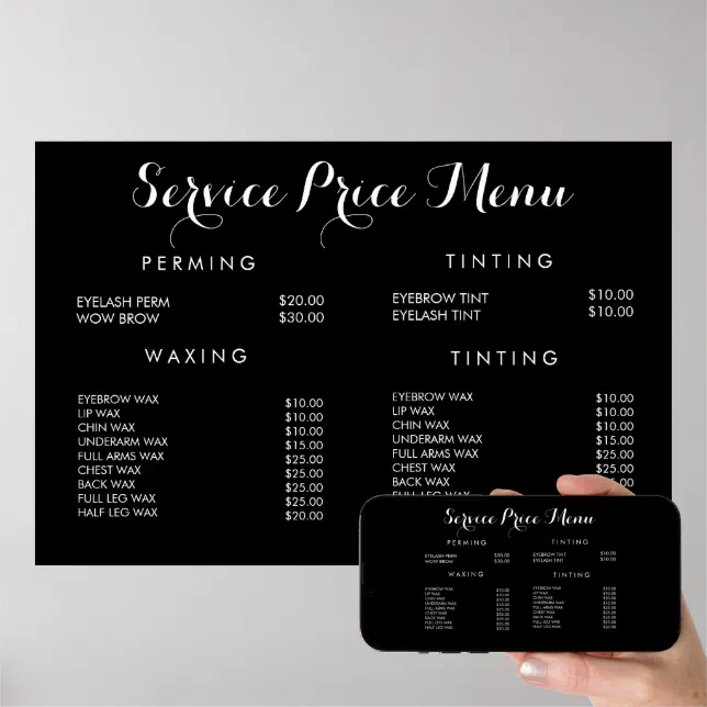 Service Price Menu Custom Printed Poster | Zazzle