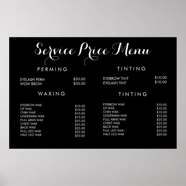 Service Price Menu Custom Printed Poster | Zazzle