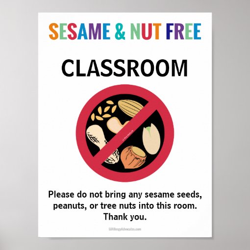 Sesame & Nut Free Classroom Custom Allergy School Poster | Zazzle