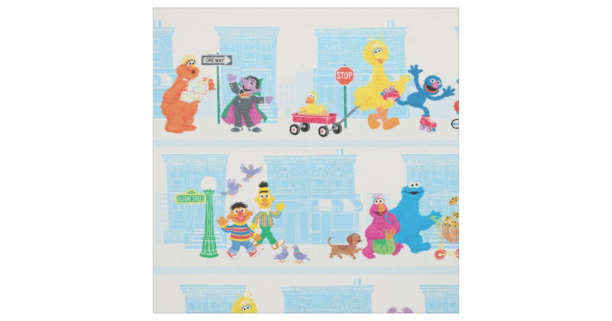 Sesame Pals Walking Along Sesame Street Pattern Fabric | Zazzle