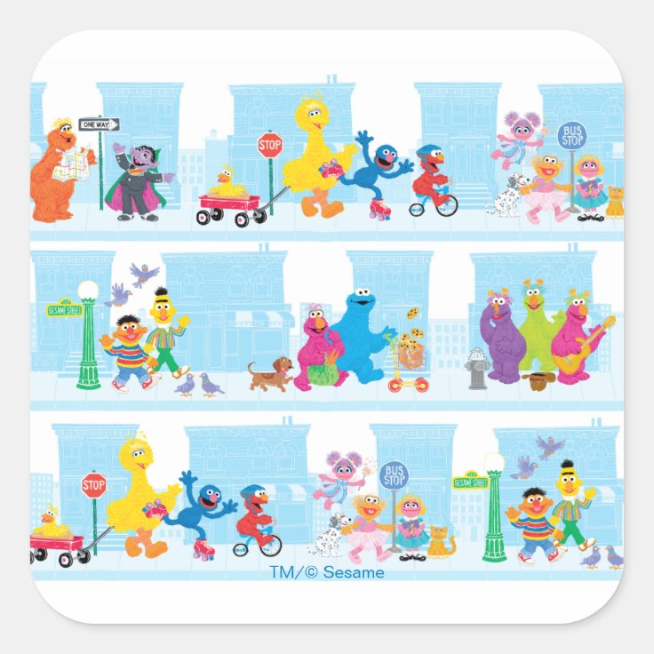 Sesame Pals Walking Along Sesame Street Pattern Square Sticker | Zazzle