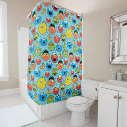 Sesame Street Faces Pattern on Blue Shower Curtain | Zazzle