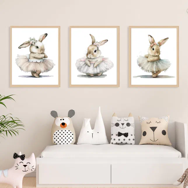 Set Of 3 Cute Bunny Ballerina Girl Nursery Prints | Zazzle