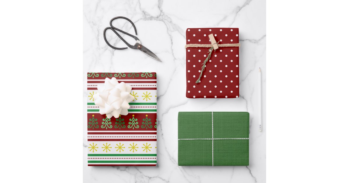 Set of 3 Festive, Coordinating Christmas Wrapping Paper Sheets | Zazzle
