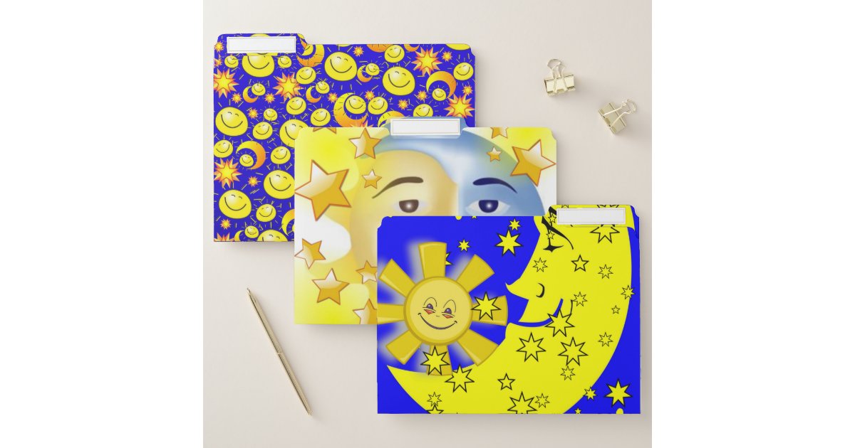 Set of File Folders Yellow Stars Sun Moon Blue | Zazzle