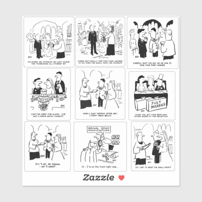 Set of Nine Funny Wedding Cartoons Sticker | Zazzle