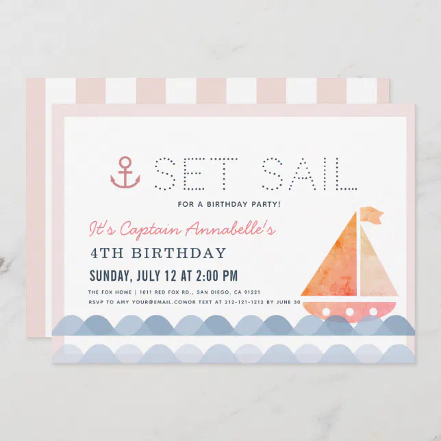 Set Sail Sailboat Nautical Pink Girl Birthday Invitation | Zazzle