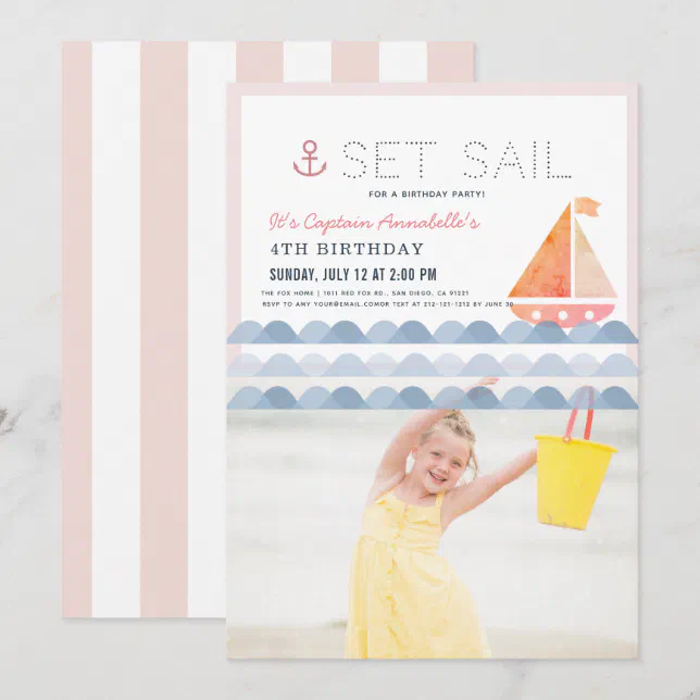 Set Sail Sailboat Pink Girl Birthday Photo Invitation | Zazzle