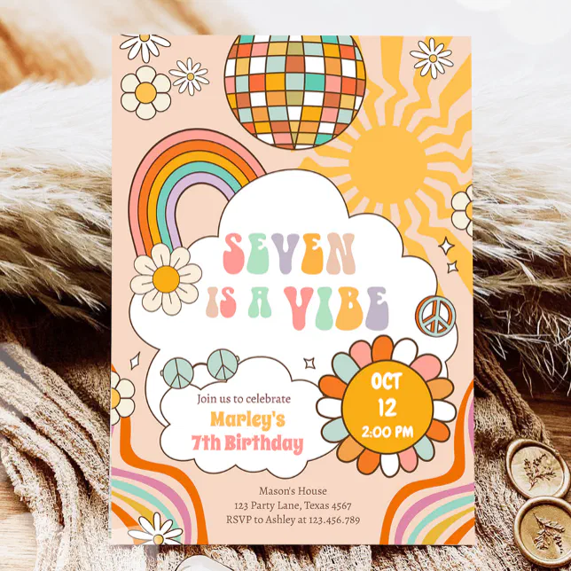 Seven is a Vibe Groovy Retro Rainbow 7th Birthday Invitation | Zazzle