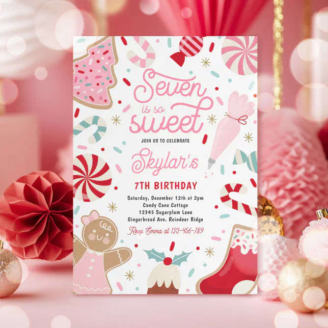 Seven Is So Sweet Christmas Cookie Birthday Party Invitation | Zazzle