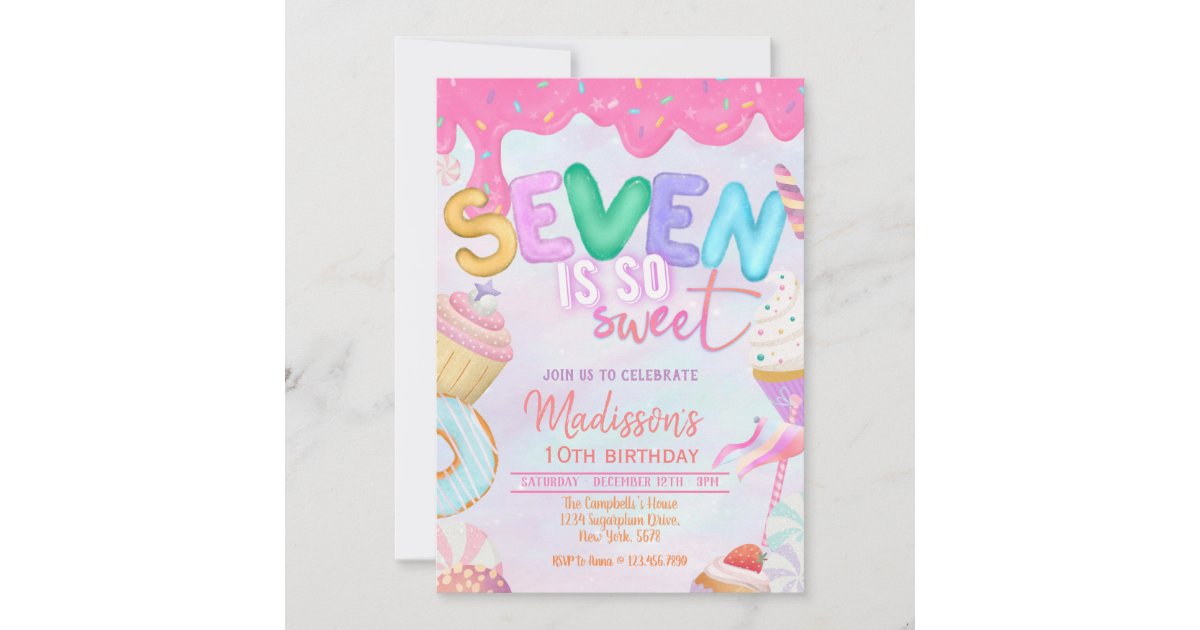 seven is so sweet invitation | Zazzle