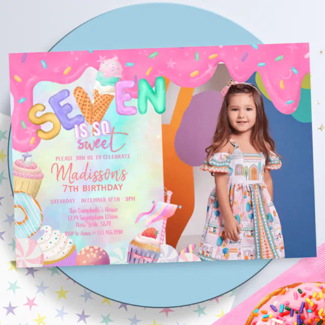 seven is so sweet invitation | Zazzle