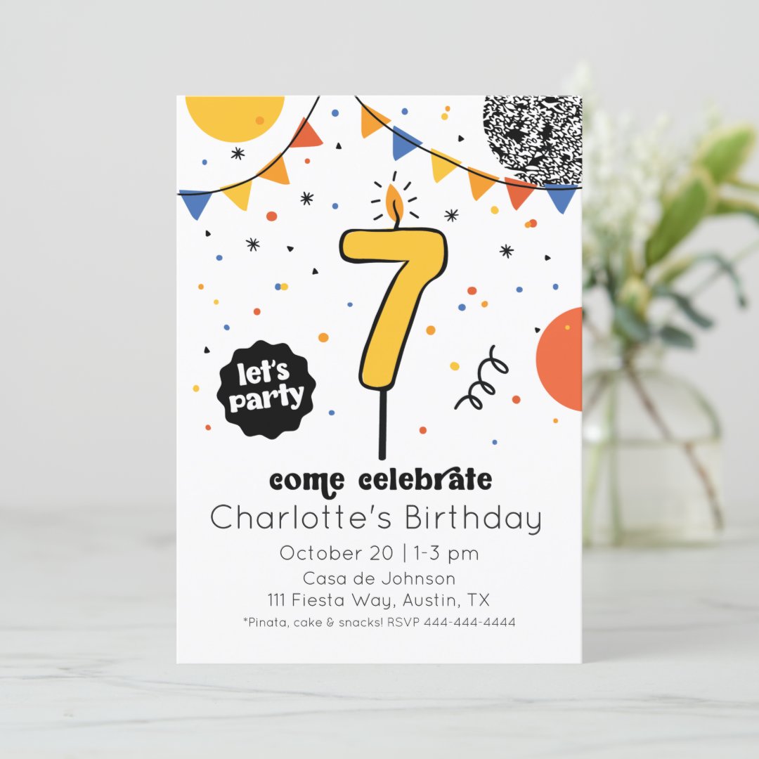 Seventh Birthday Candle Doodle Invitation | Zazzle