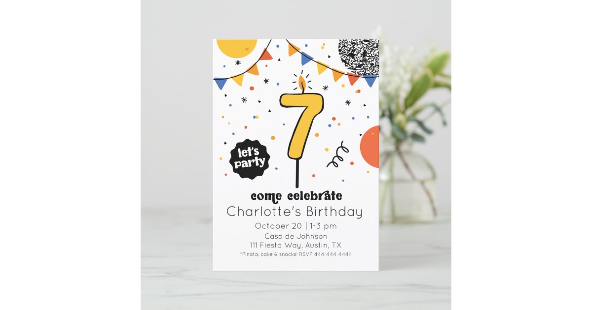Seventh Birthday Candle Doodle Invitation | Zazzle