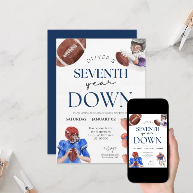 Seventh year down football theme boy 7th birthday invitation | Zazzle