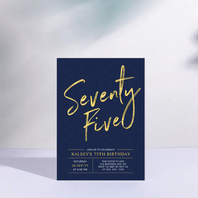 Seventy Five | Gold & Navy Blue 75th Birthday Invitation | Zazzle