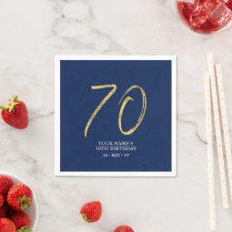 Seventy | Gold & Navy Blue Lettering 70th Birthday Napkins | Zazzle