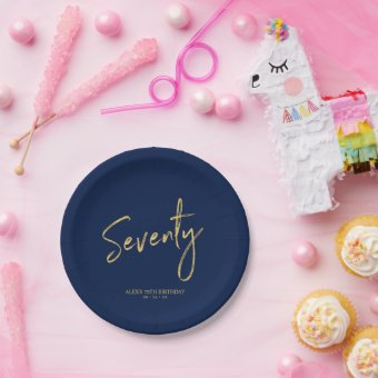 Seventy Gold & Navy Lettering 70th Birthday Party Paper Plates | Zazzle