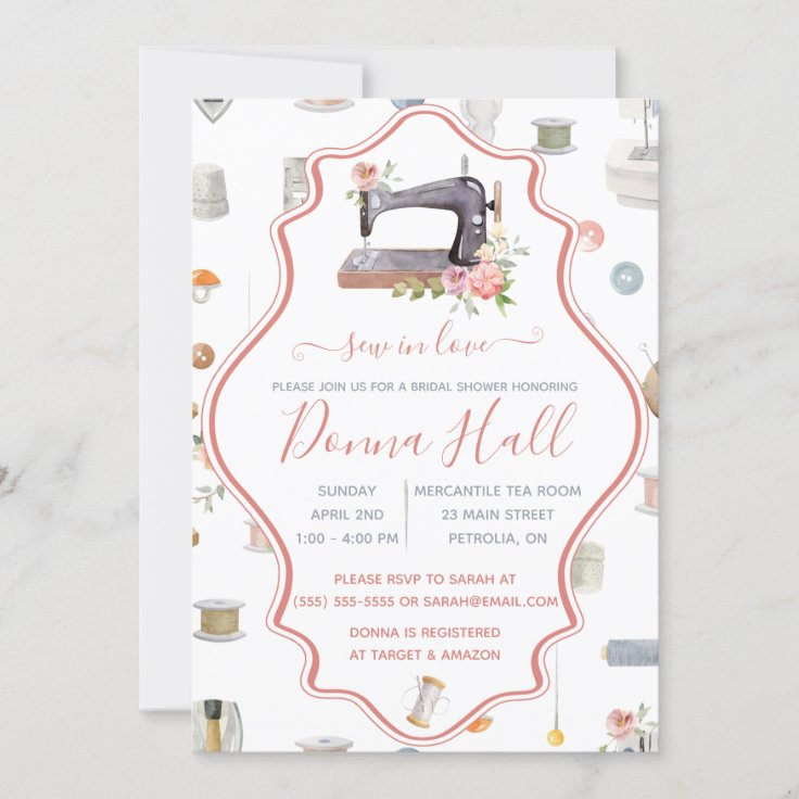 Sew In Love! Sewing Machine, Floral Bridal Shower Invitation | Zazzle
