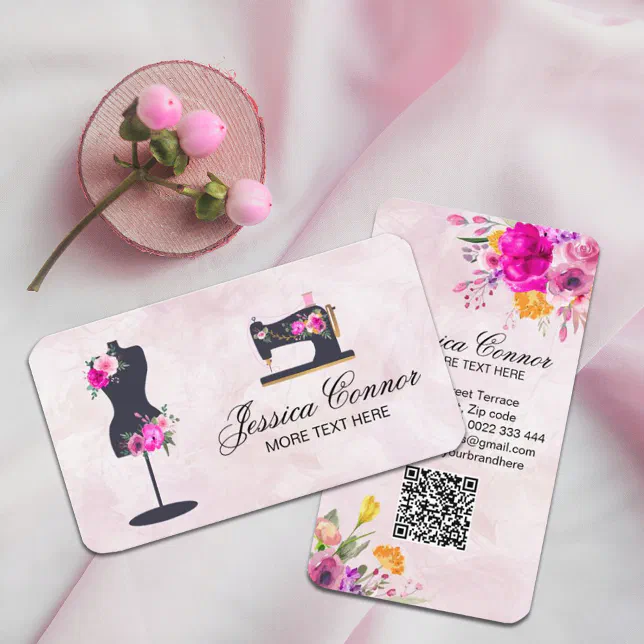 Sewing machine and QR Code spring wildflowers Business Card | Zazzle