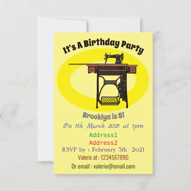 Sewing machine cartoon illustration invitation | Zazzle