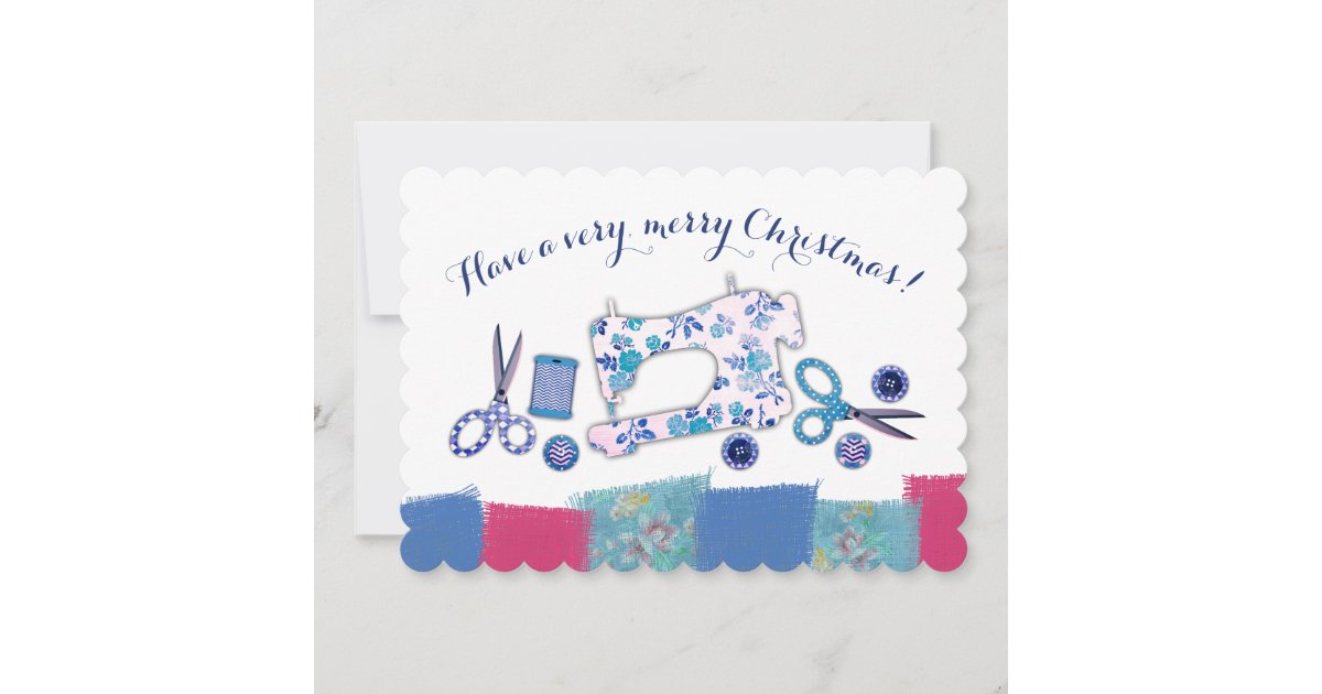 Sewing machine fabric seamstress Christmas card | Zazzle