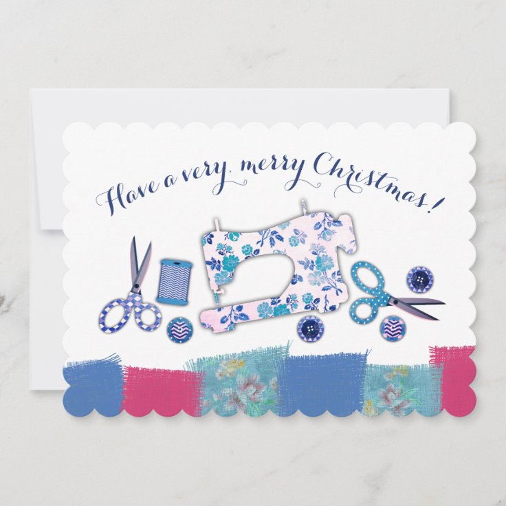 Sewing machine fabric seamstress Christmas card | Zazzle