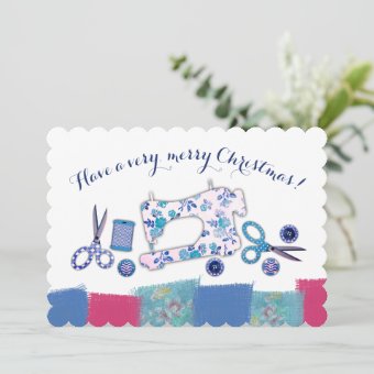 Sewing machine fabric seamstress Christmas card | Zazzle