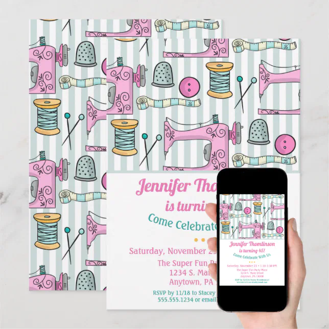 Sewing Party Birthday Invitation Pink | Zazzle