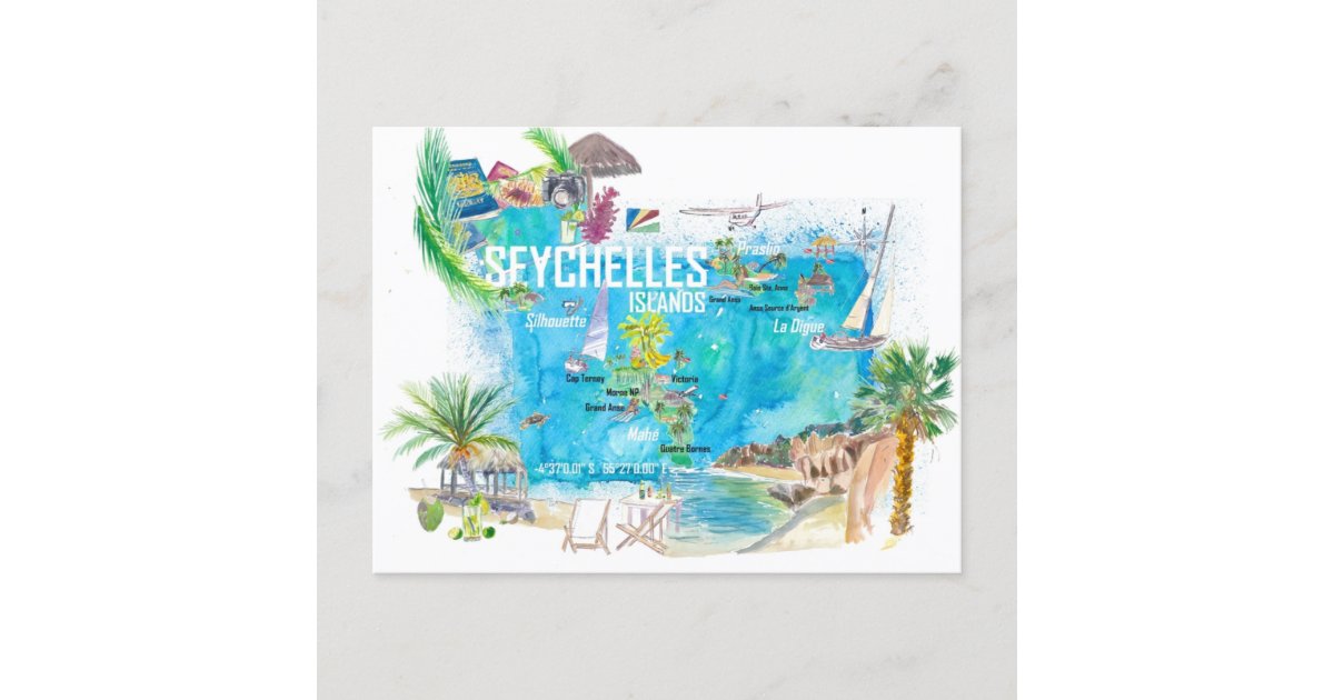 Seychelles Islands Illustrated Travel Map Postcard | Zazzle