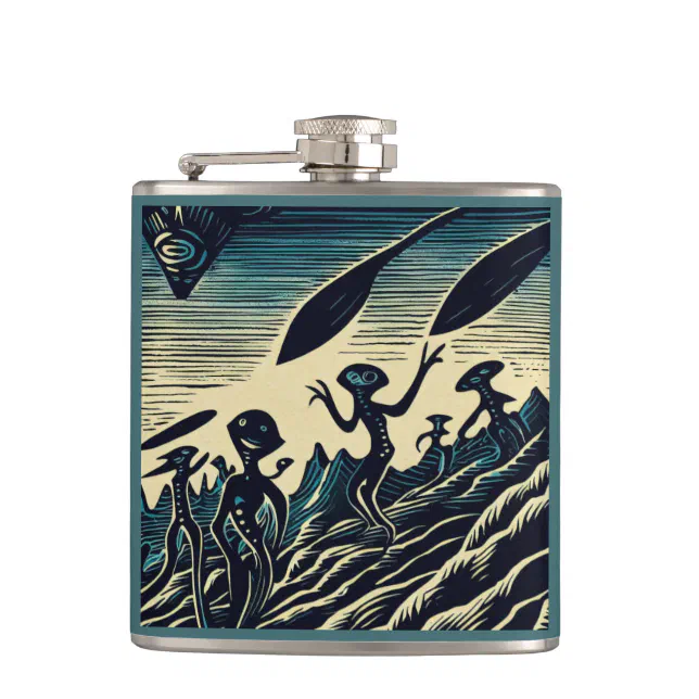 SF - Aliens On A Strange Planet Woodcut 3 Flask | Zazzle