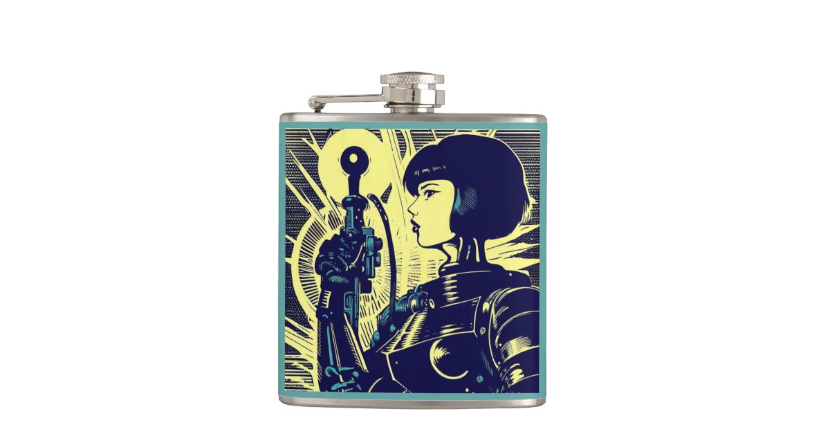 SF - Anime Hero Woodcut 3 Flask | Zazzle