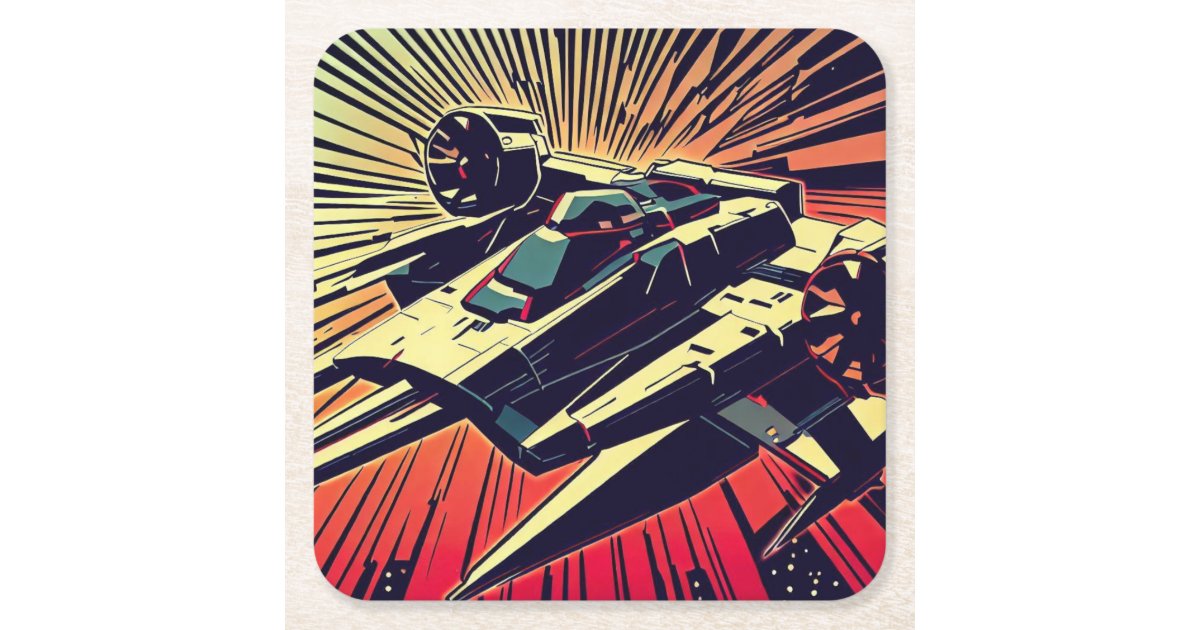 SF - Anime Starfighter Woodcut 1 Square Paper Coaster | Zazzle