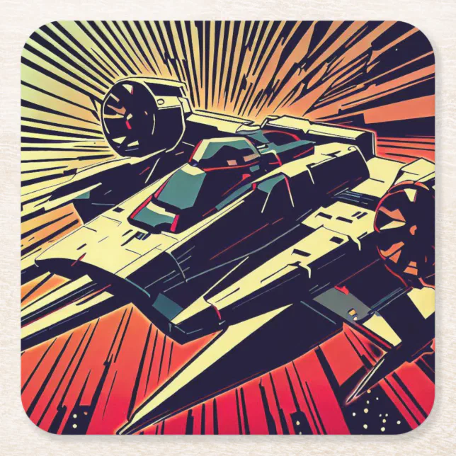 SF - Anime Starfighter Woodcut 1 Square Paper Coaster | Zazzle