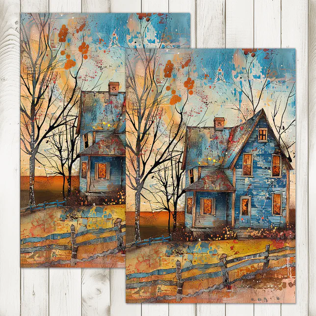 SHABBY BLUE FARMHOUSE IN AUTUMN DECOUPAGE TISSUE PAPER | Zazzle