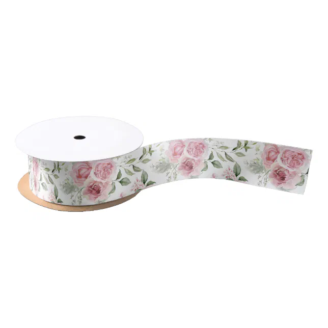 Shabby Chic Blush Pink Roses Eucalyptus Greenery Satin Ribbon | Zazzle