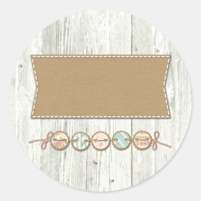 Shabby Chic Bunting on Rustic White Painted Wood Classic Round Sticker ...