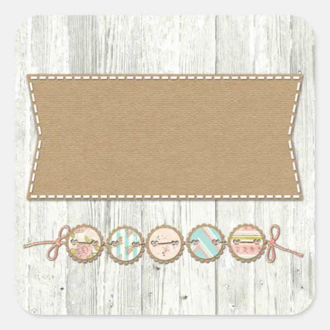 Shabby Chic Bunting on Rustic White Painted Wood Square Sticker | Zazzle