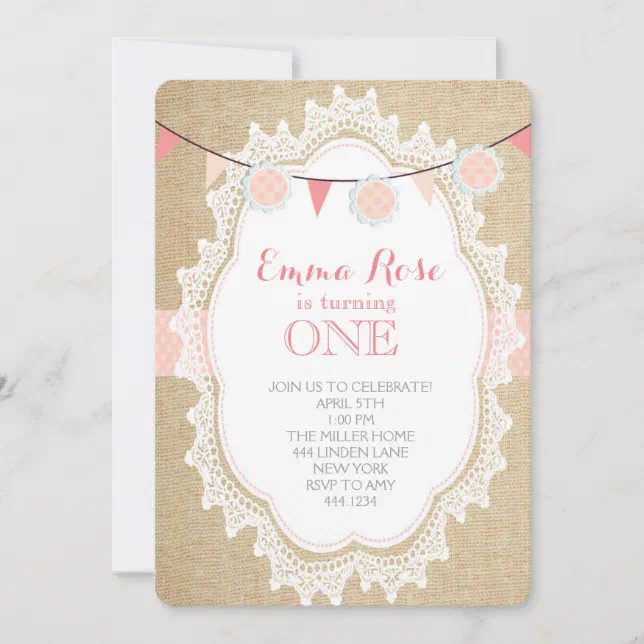Shabby Chic Burlap Pink Birthday Invitations | Zazzle