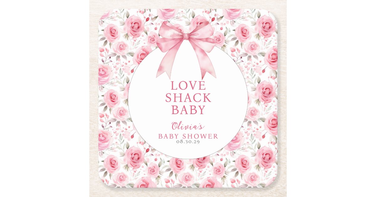 Shabby Chic Coquette Pink Love Shack Baby Shower Square Paper Coaster ...