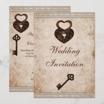 Shabby Chic Damask Hearts Lock and Key Wedding Invitation | Zazzle