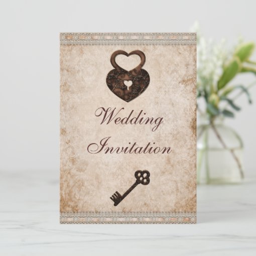 Shabby Chic Damask Hearts Lock and Key Wedding Invitation | Zazzle