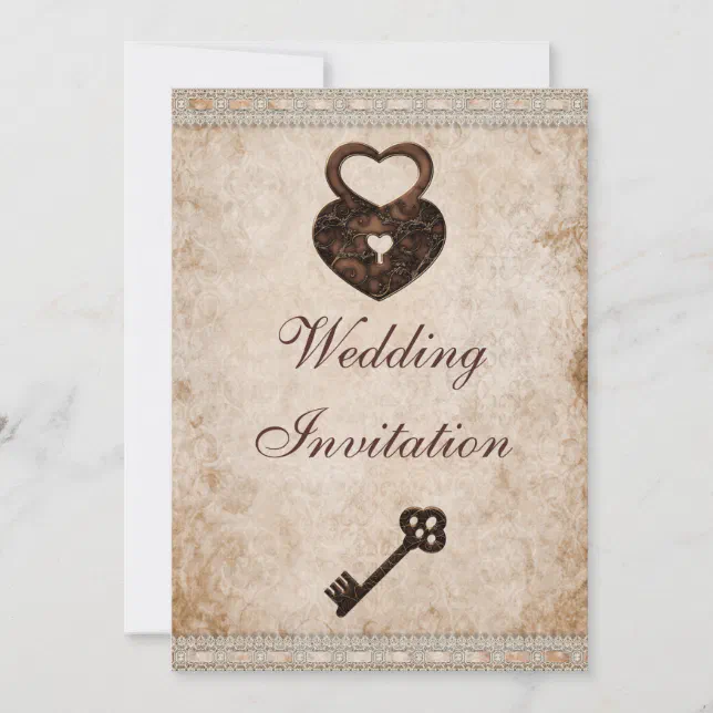 Shabby Chic Damask Hearts Lock and Key Wedding Invitation | Zazzle
