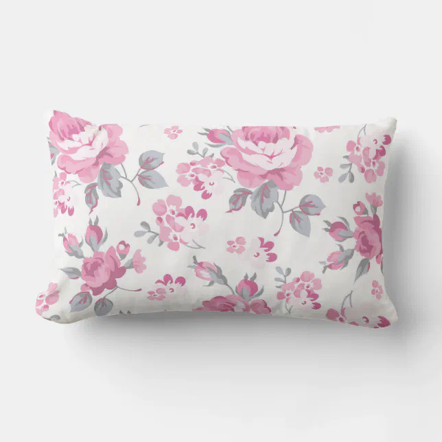 shabby chic floral, pink pattern,pale roses,white, lumbar pillow | Zazzle