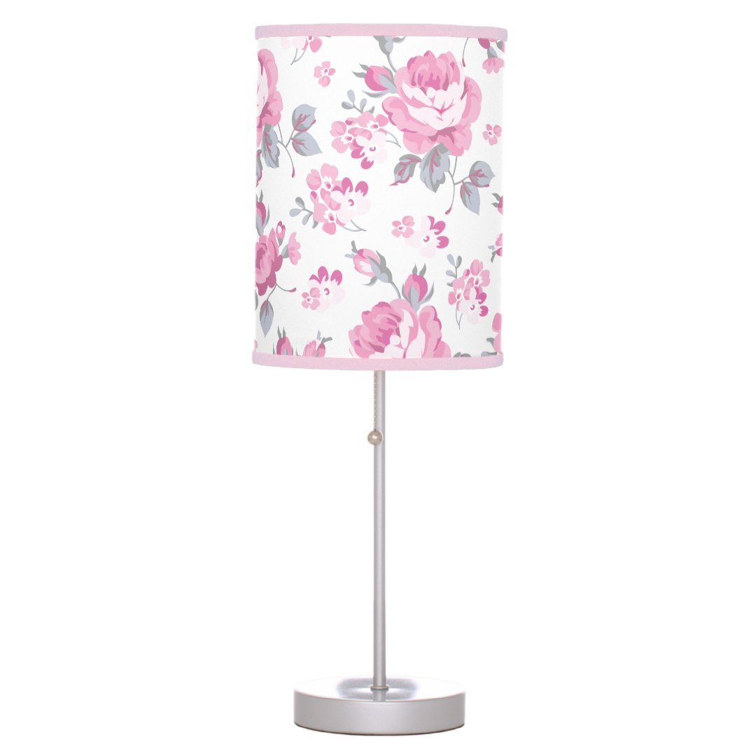 shabby chic floral, pink pattern,pale roses,white, table lamp | Zazzle