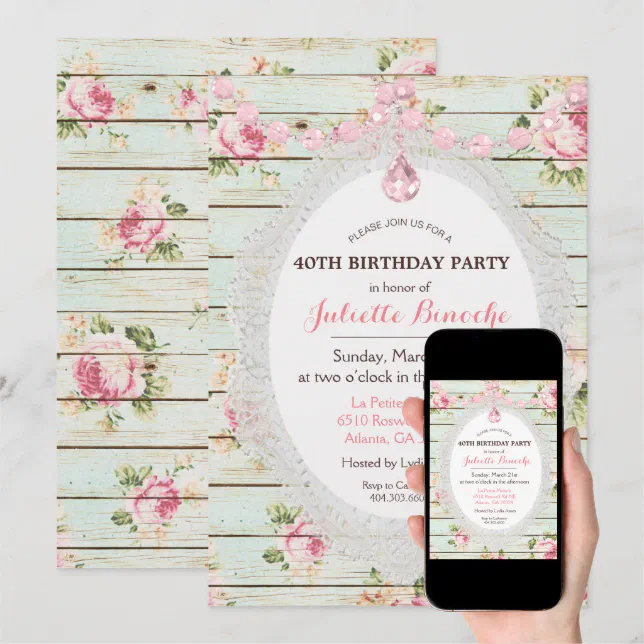 Shabby Chic Floral Wood Birthday Invitation | Zazzle