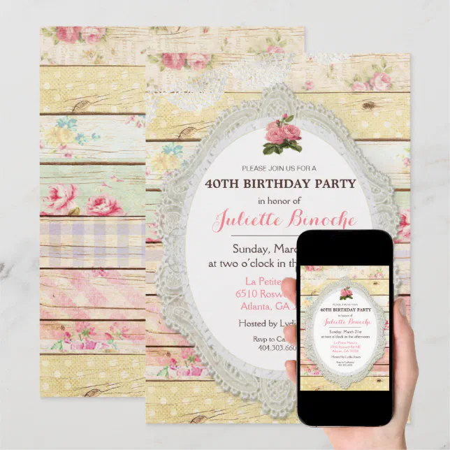 Shabby Chic Floral Wood Birthday Invitation | Zazzle
